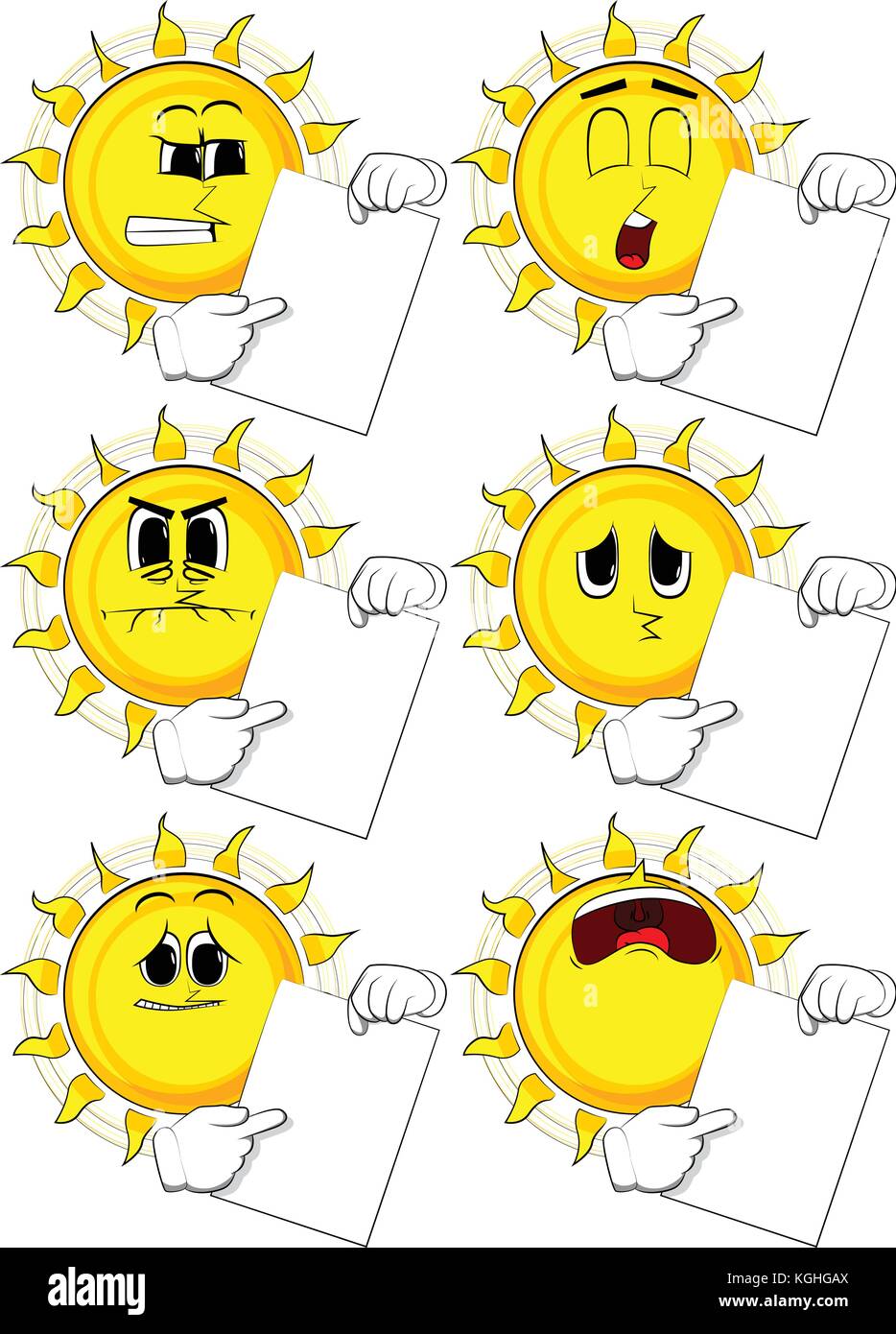Cartoon sun holding white paper and pointing at it. Collection with sad ...