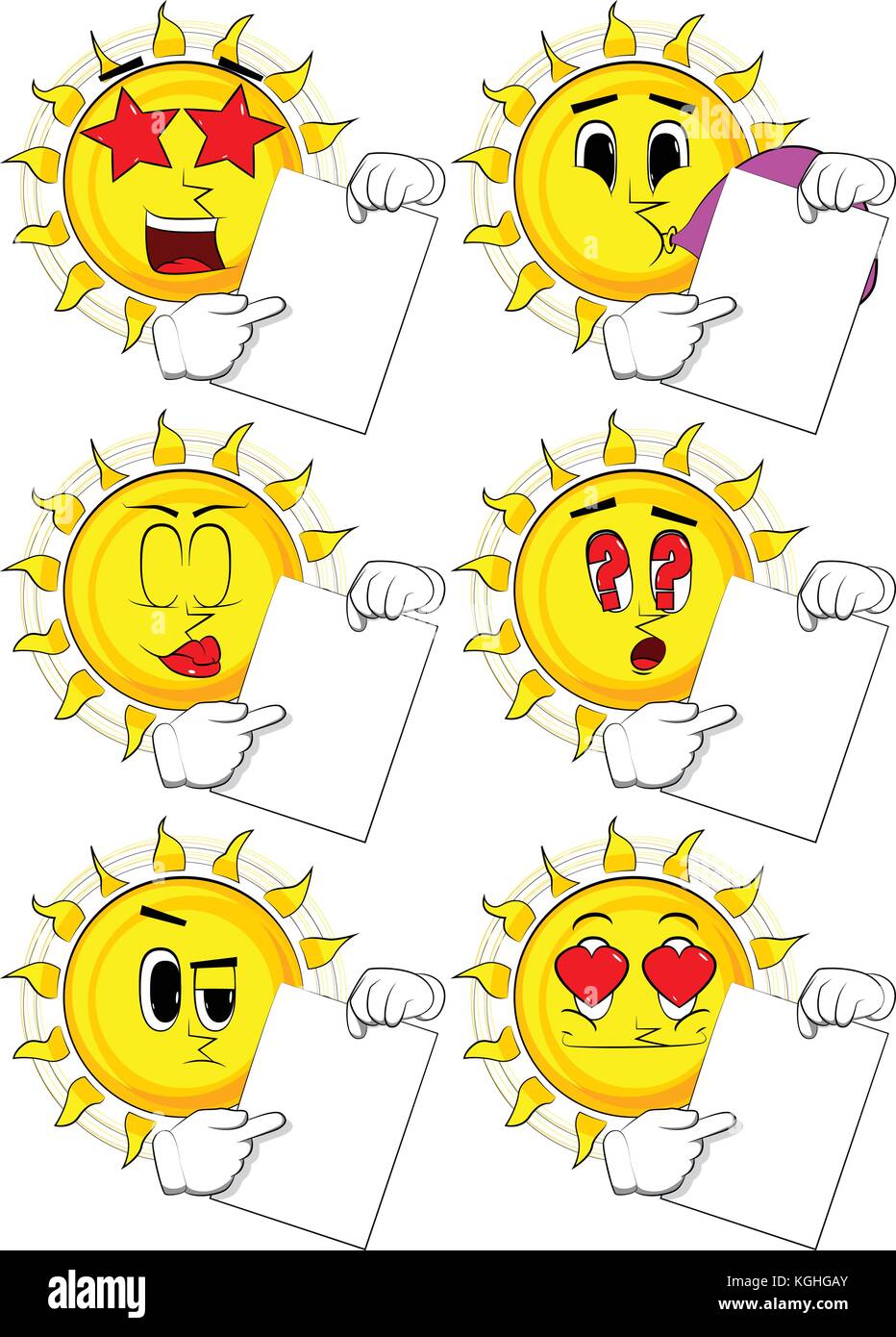 Cartoon sun holding white paper and pointing at it. Collection with ...