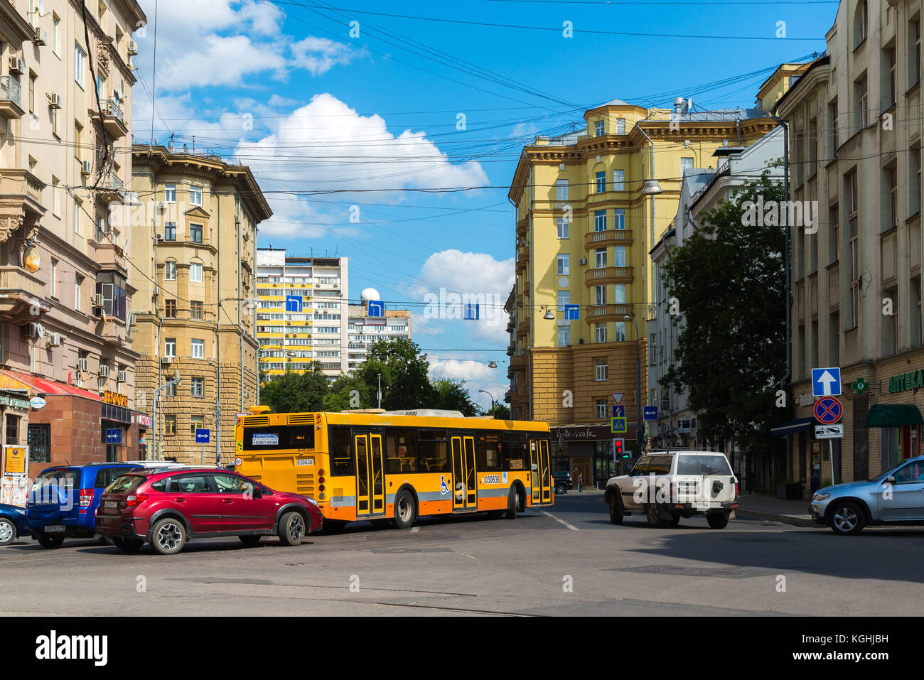 Moscow, Russia - July 24. 2017. Crossing the street Gilyarovsky and ...