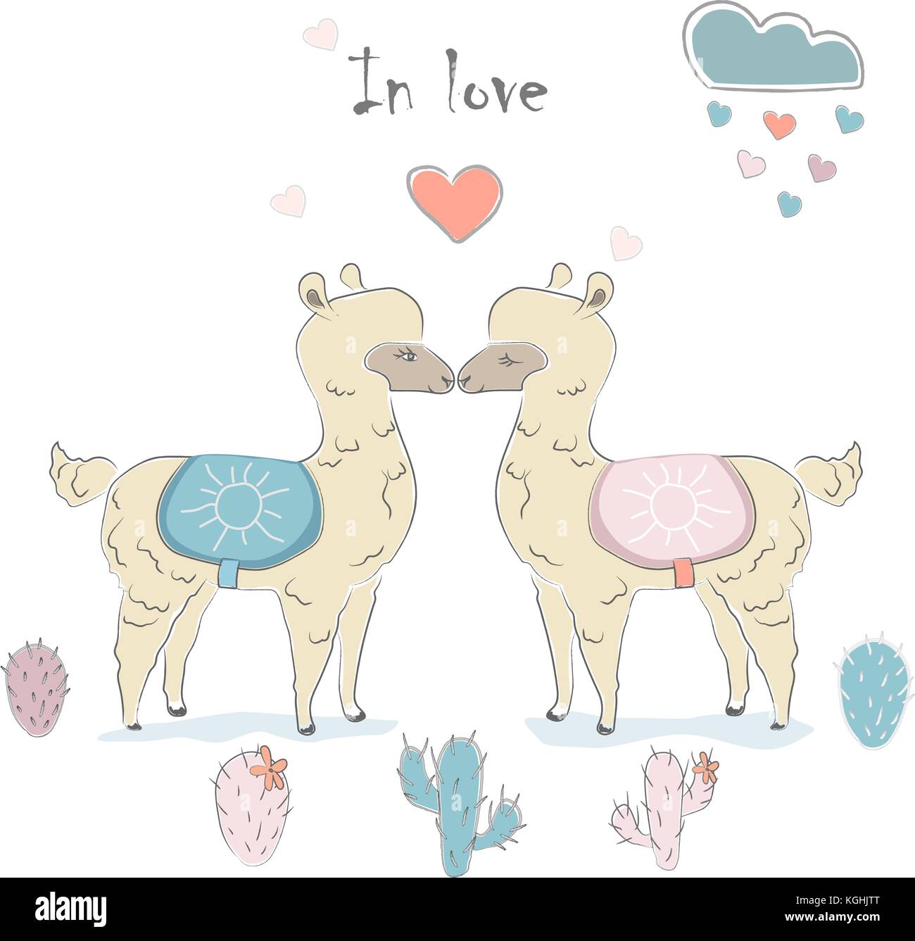 Cute Alpaca Couple. Hand Drawn Delicate Design for cards, decorations ...
