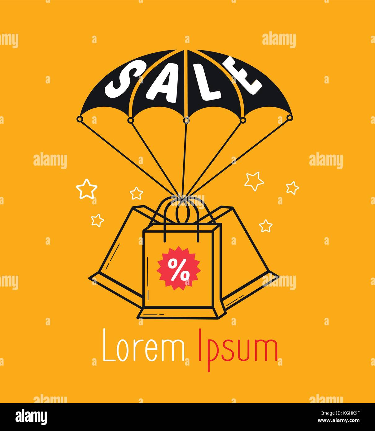 banner, poster of sale in the form of a parachute with packages with ...