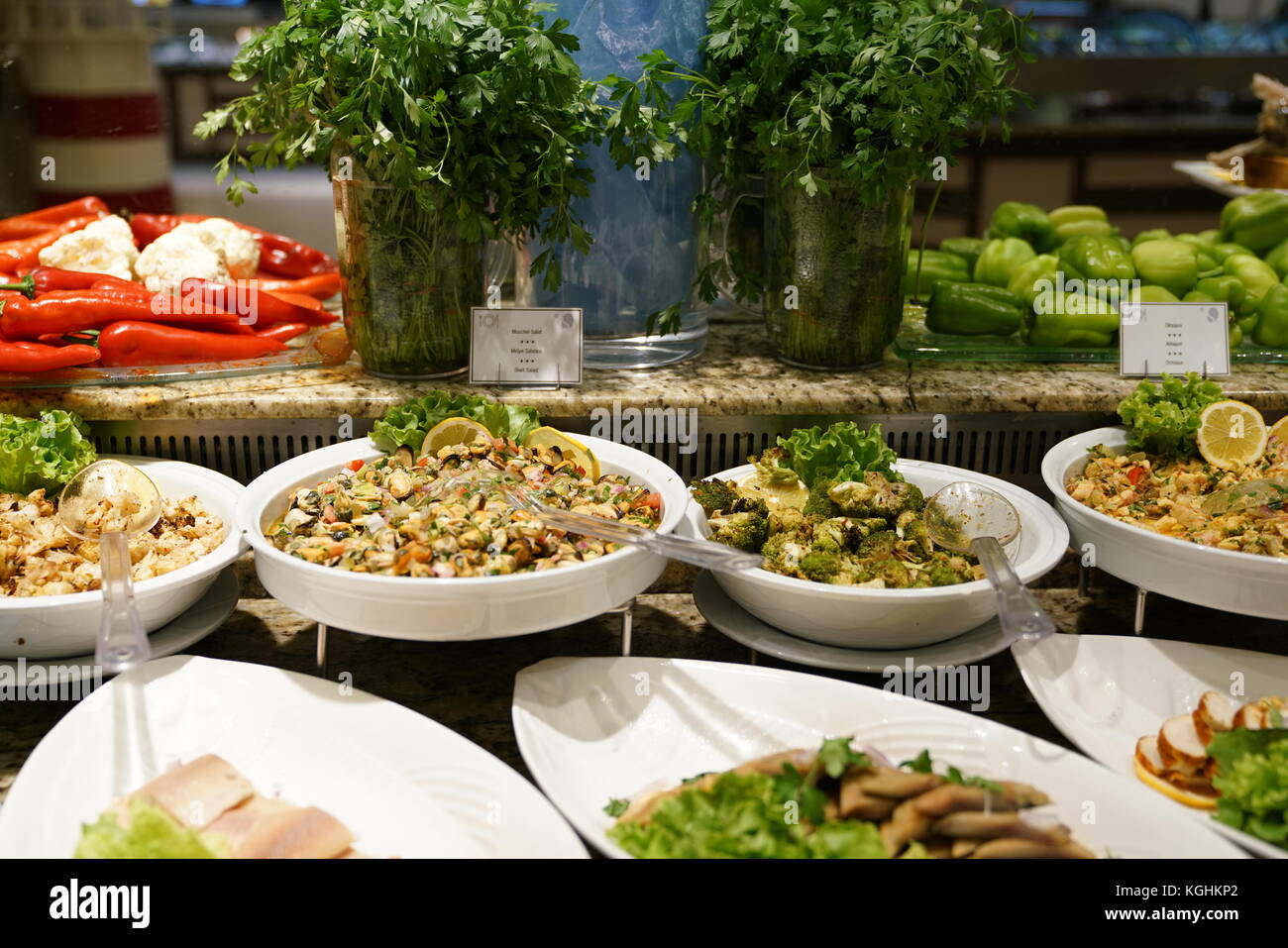 Dinner buffet with seafood, salmon, fish, pepper and other vegetables ...