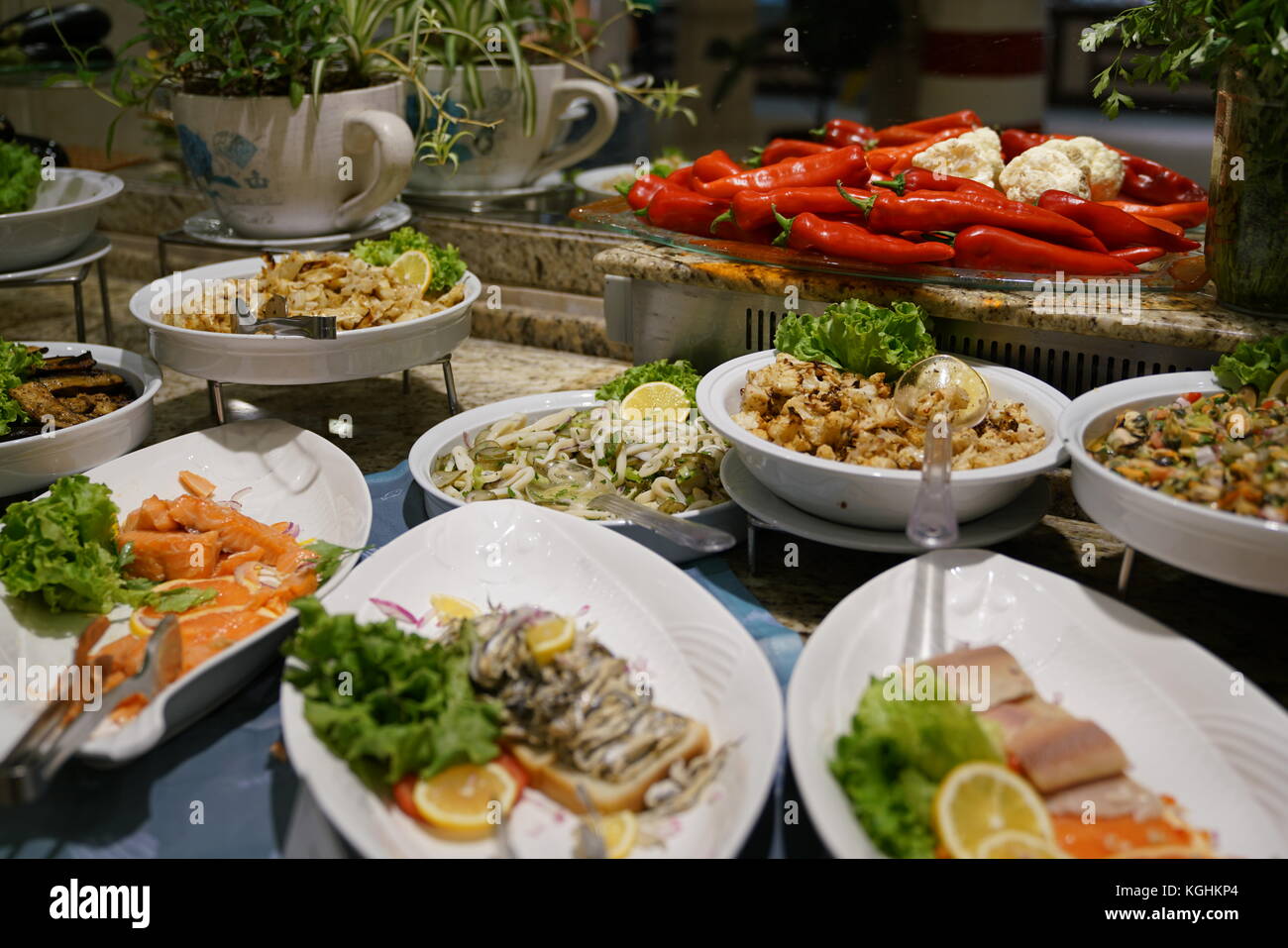Dinner buffet with seafood, salmon, fish, pepper and other vegetables ...