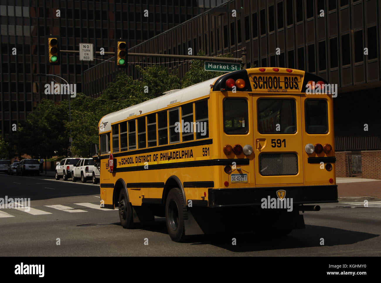 United States. Pennsylvania. Philadelphia. School Bus by Market street ...