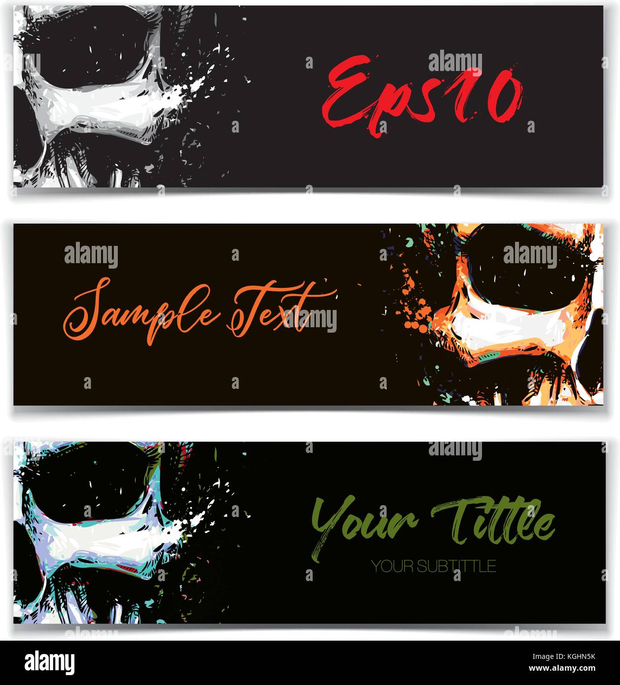 Vector illustration of an artistic render of a human skull. Set of 3 ...