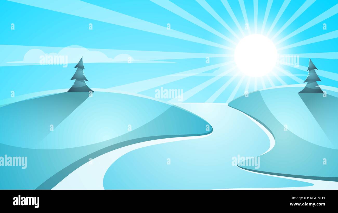Cartoon snow landscape. Sun, snow, fir, mountine illustration Stock ...