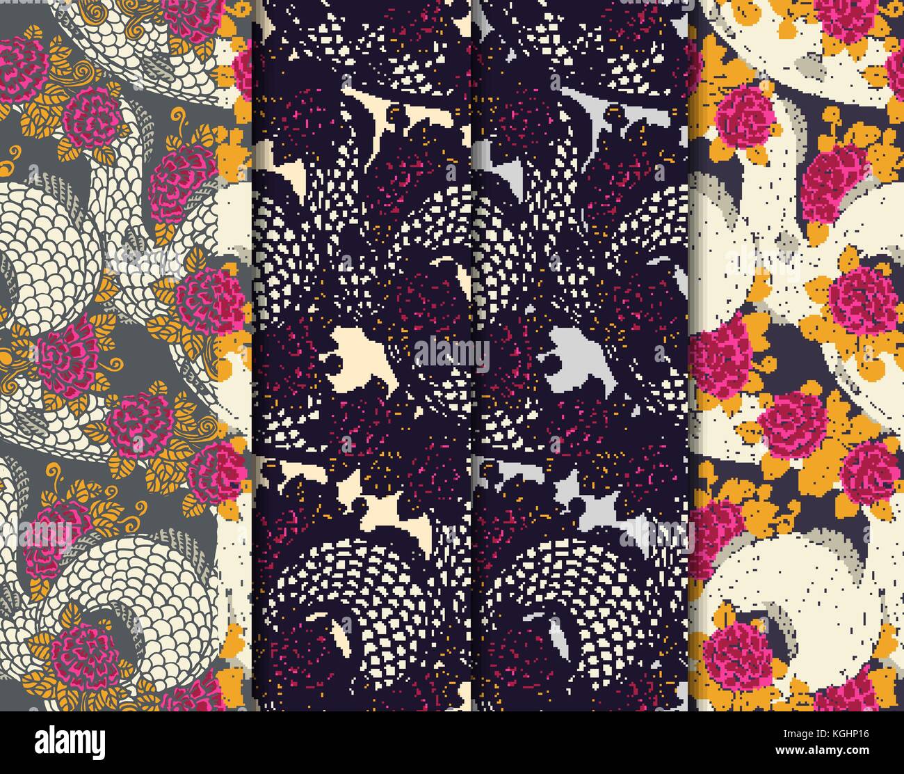 Vector set of seamless dragon and roses textures - traditional asian ...