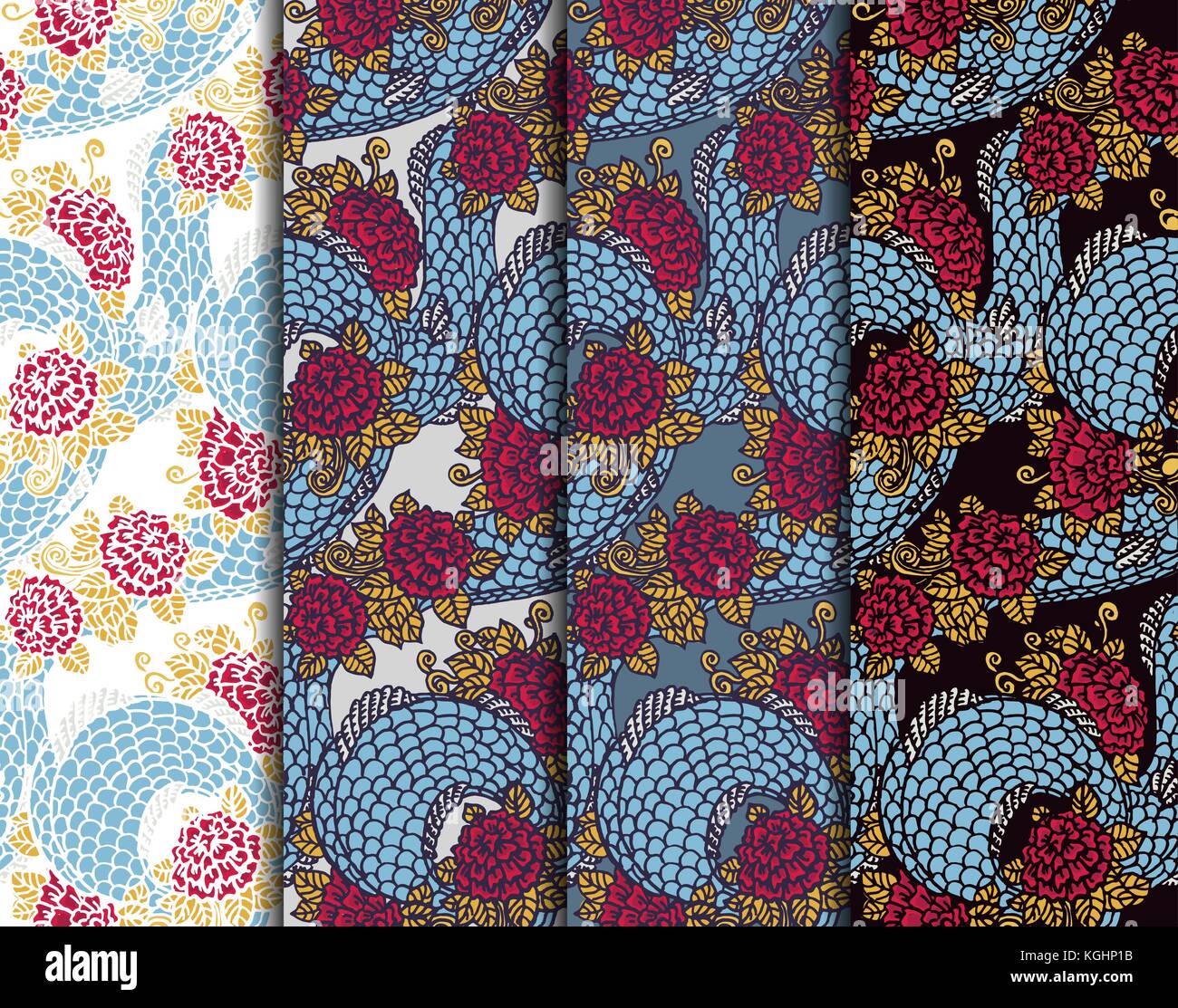 Vector set of seamless dragon and roses textures - traditional asian ...
