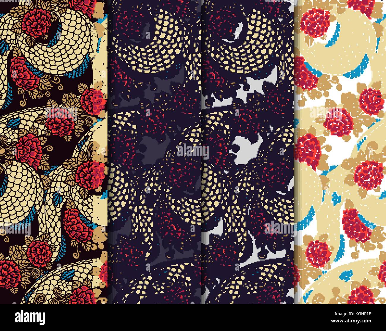 Vector set of seamless dragon and roses textures - traditional asian ...