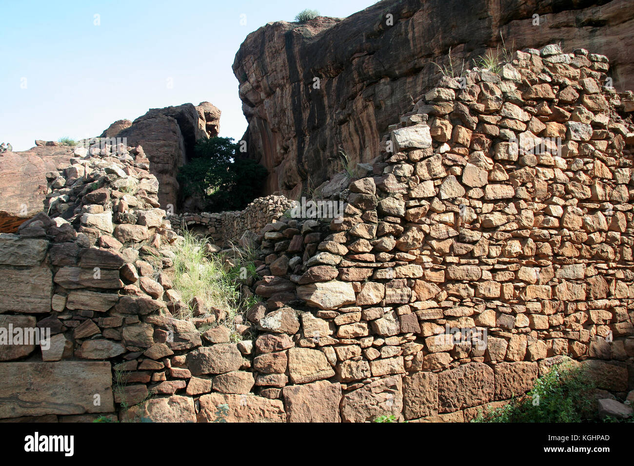 View of wrecked wall of fort in northern hill at Badami, Karnataka ...