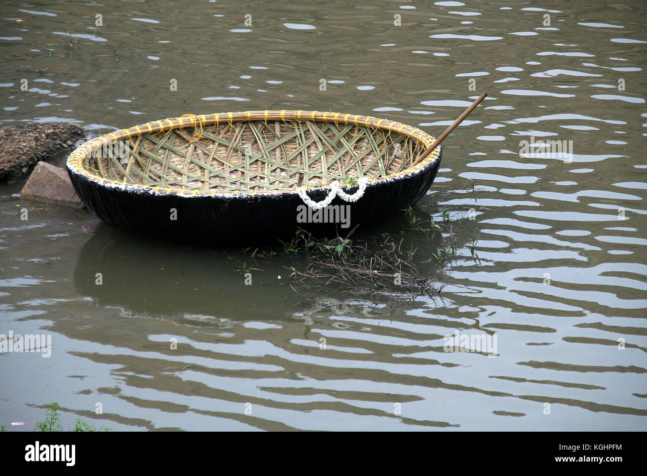 Newly built coracle decked with flowers with row stick Stock Photo - Alamy