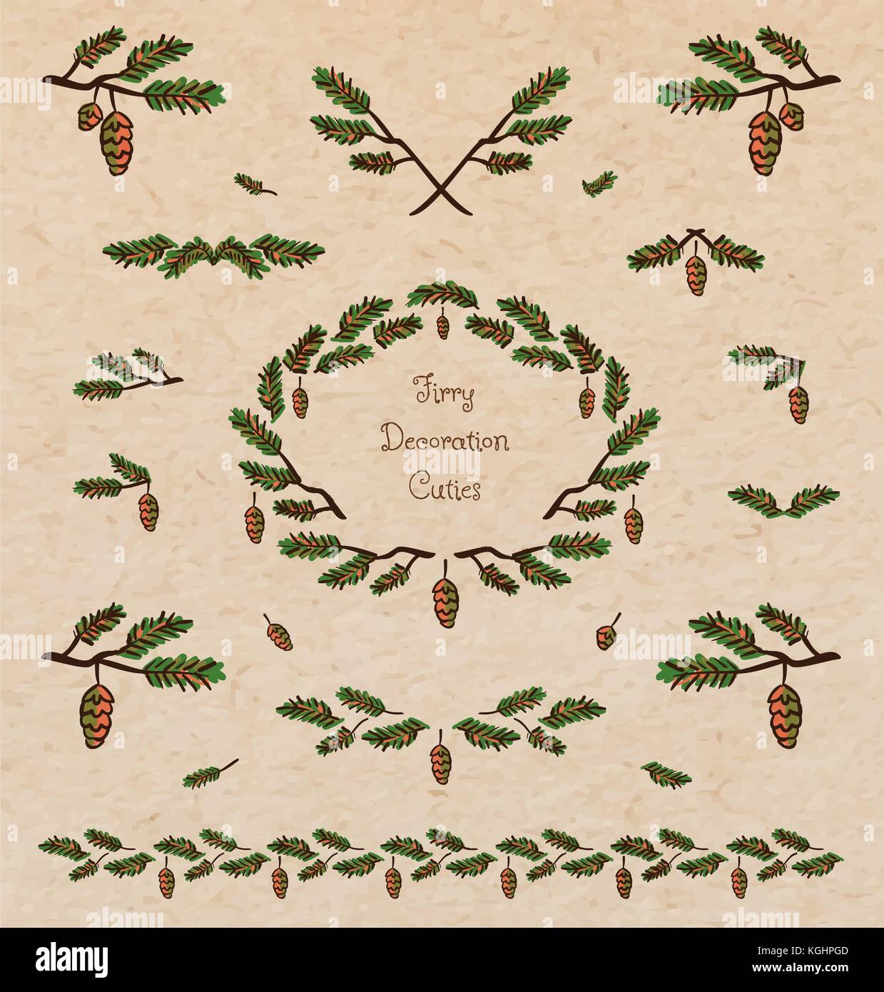 Vector set of cute pine tree twigs decorative elements, borders and ...