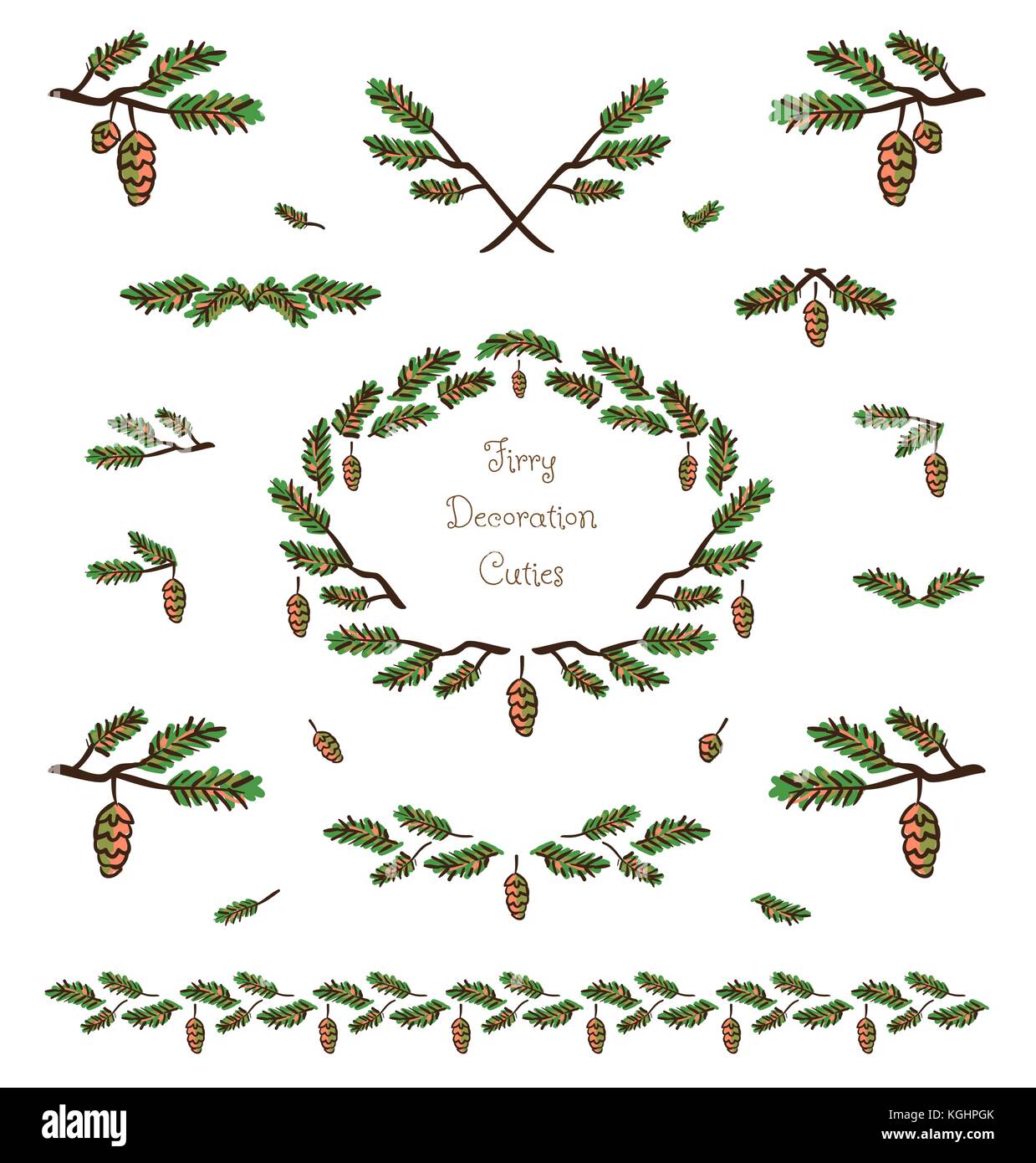 Vector set of cute pine tree twigs decorative elements, borders and ...