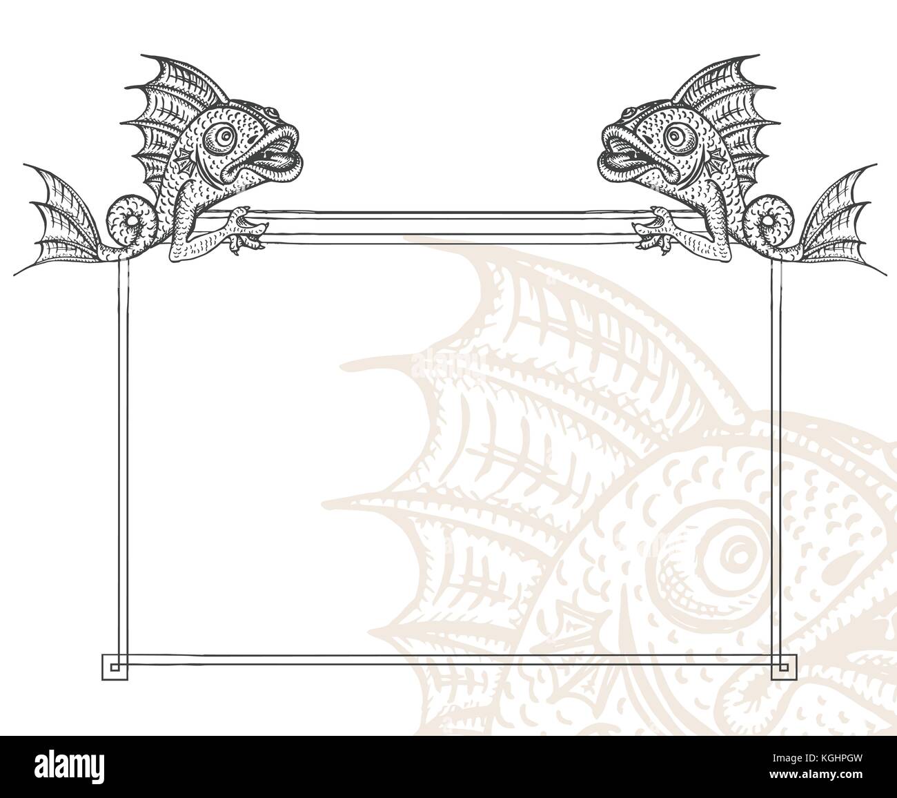 Detailed medieval decorative frame as vintage engraved fish gargoyle ...