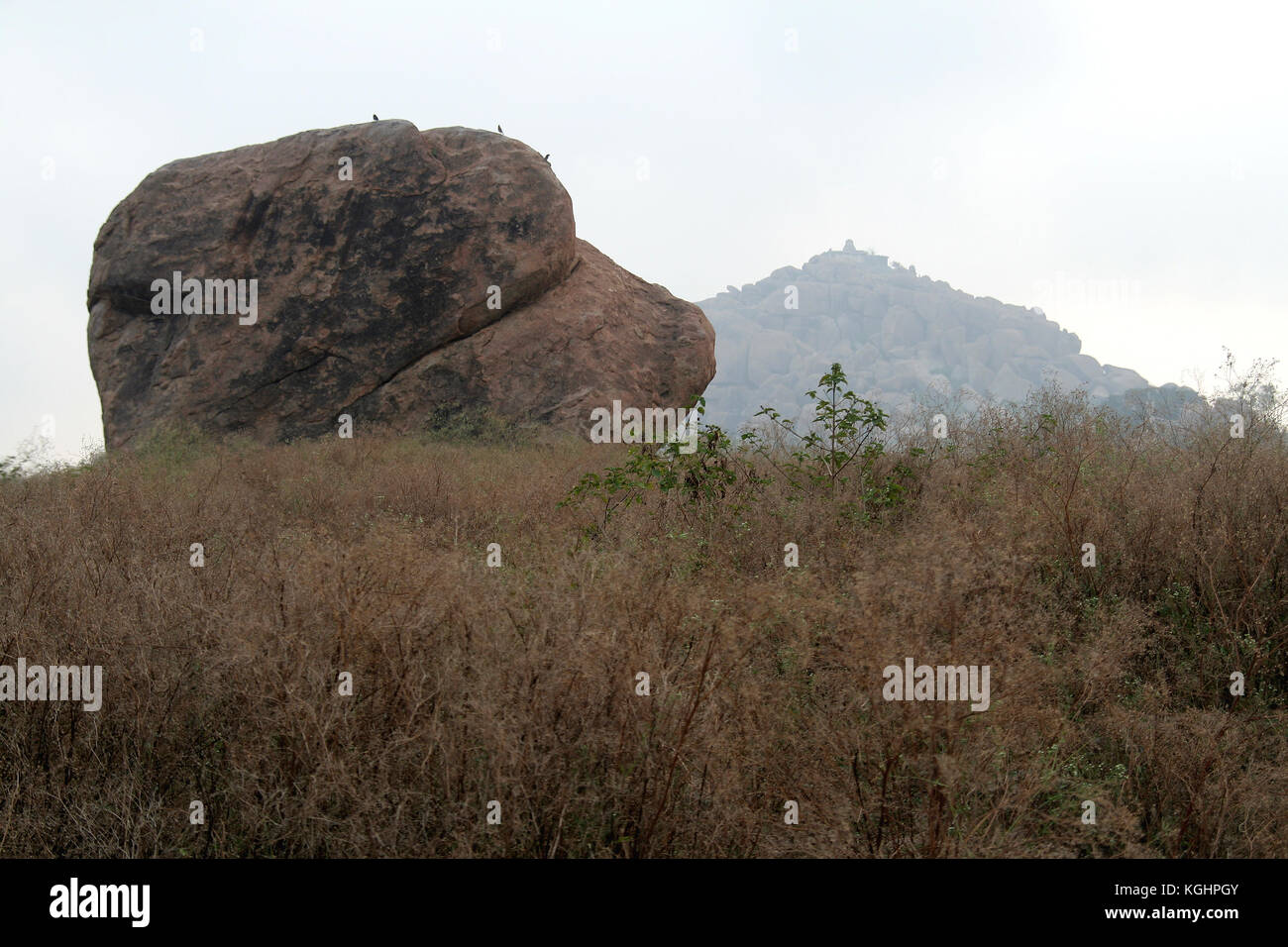 Stone boulder resting on mound covered with dried grass Stock Photo - Alamy