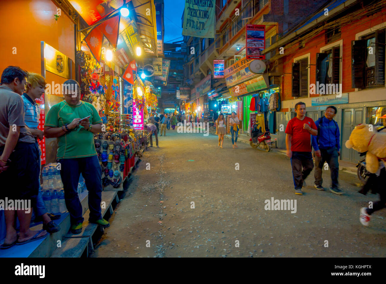THAMEL, KATHMANDU NEPAL - OCTOBER 02, 2017: Night view of unidentified ...