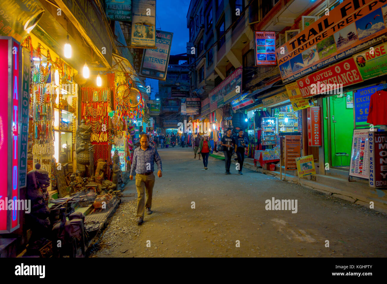 THAMEL, KATHMANDU NEPAL - OCTOBER 02, 2017: Night view of unidentified ...