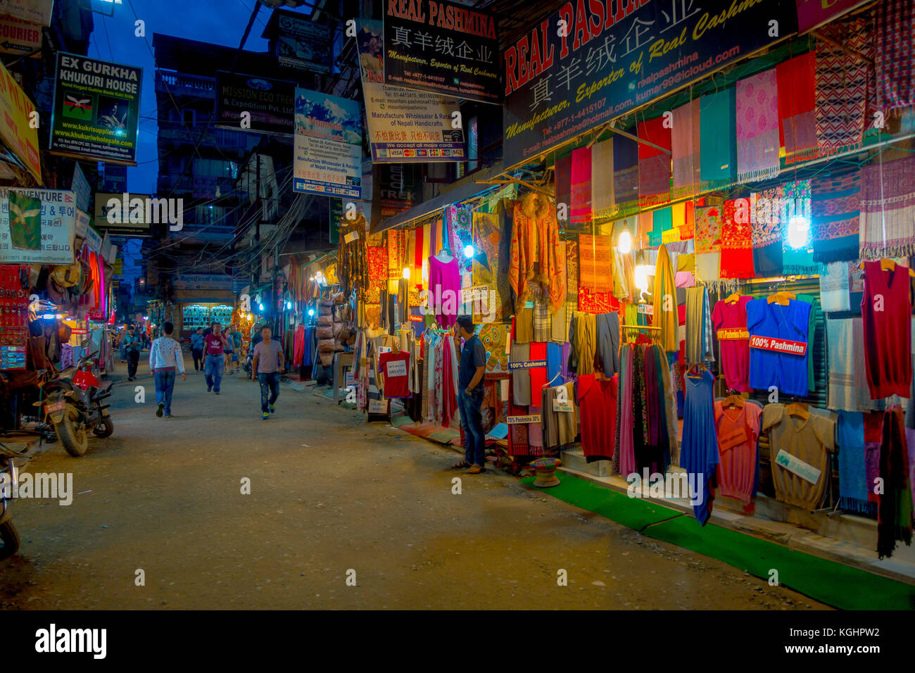 THAMEL, KATHMANDU NEPAL - OCTOBER 02, 2017: Night view of unidentified ...