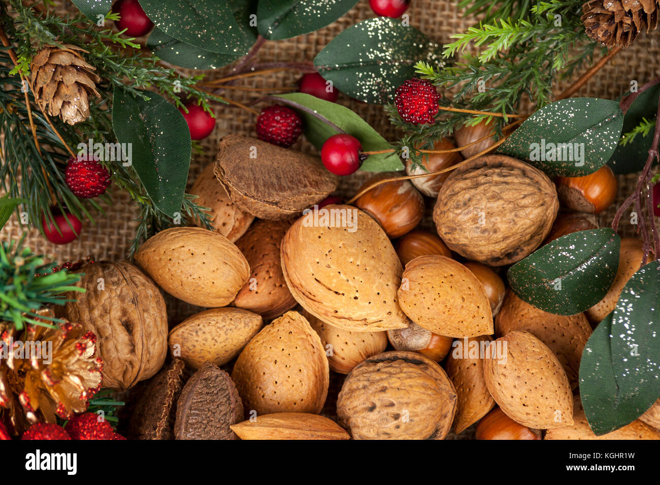 Christmas acorn and berry arrangement with a selection of shelled nuts ...
