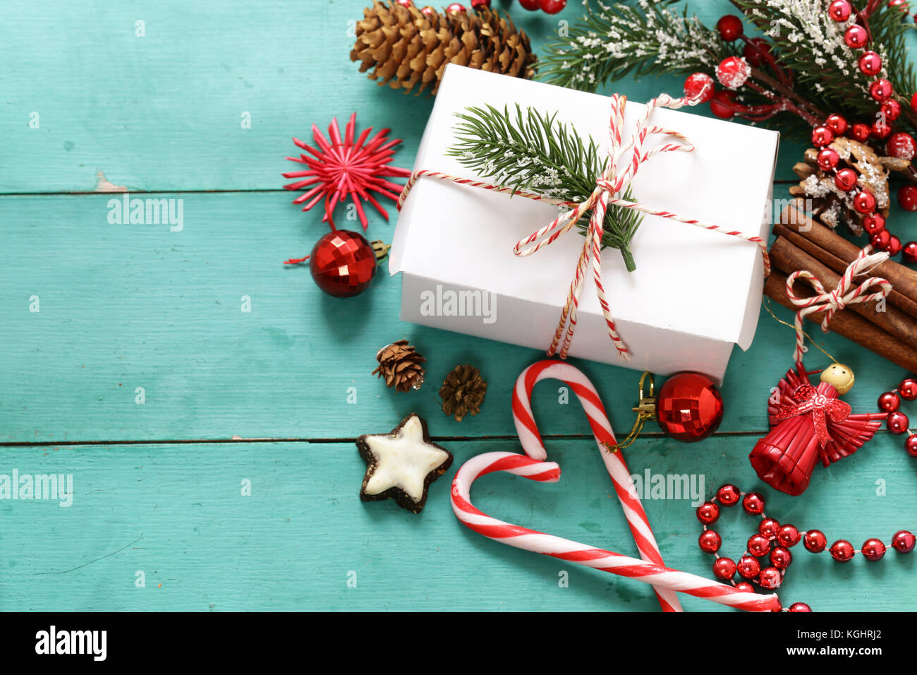 turquoise background with christmas symbols and ornaments Stock Photo ...