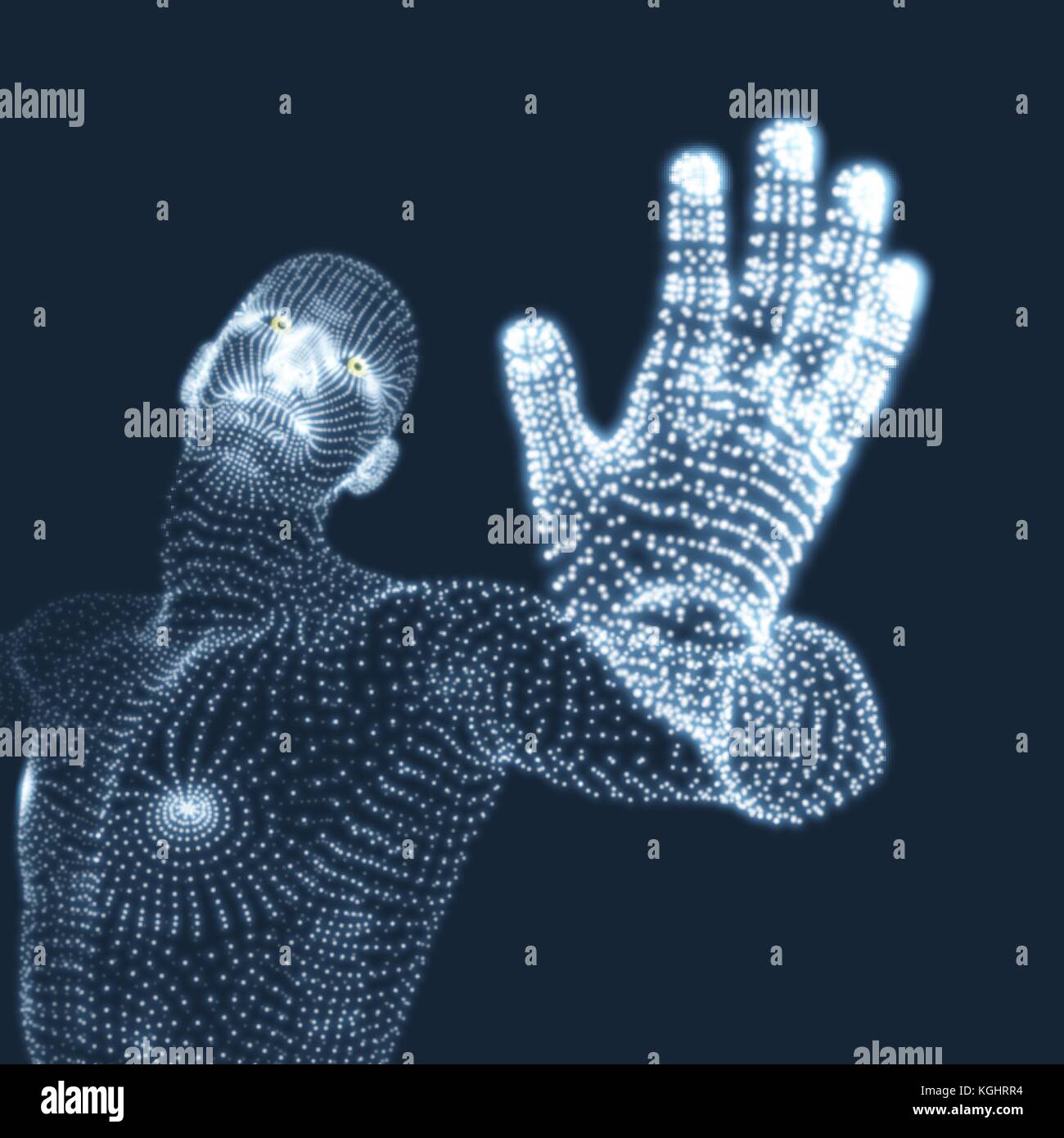 Vector man with hand up to stop. Human showing stop gesture. 3D model ...