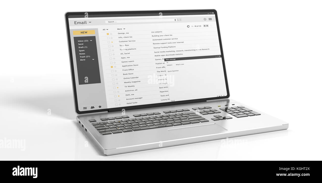 Emails list on a laptop screen isolated on white background. 3d ...