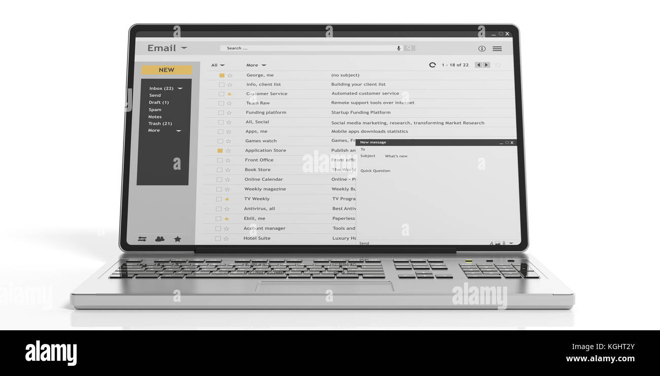 Emails list on a laptop screen isolated on white background. 3d ...