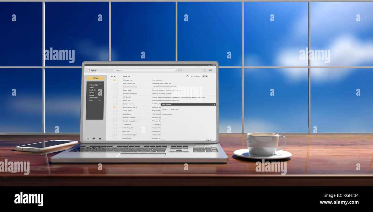 Emails list on a laptop screen isolated on an office desk, blue sky ...