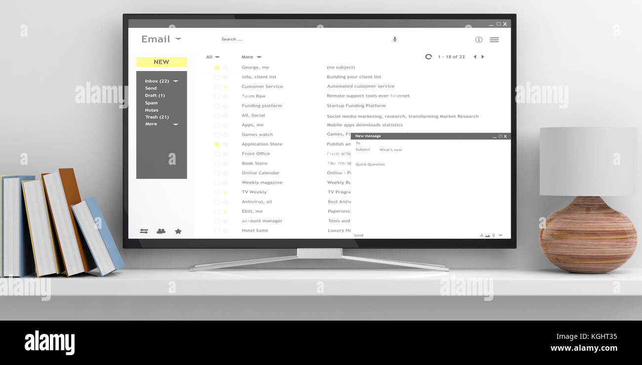 Emails list on a smart television screen isolated on white background ...