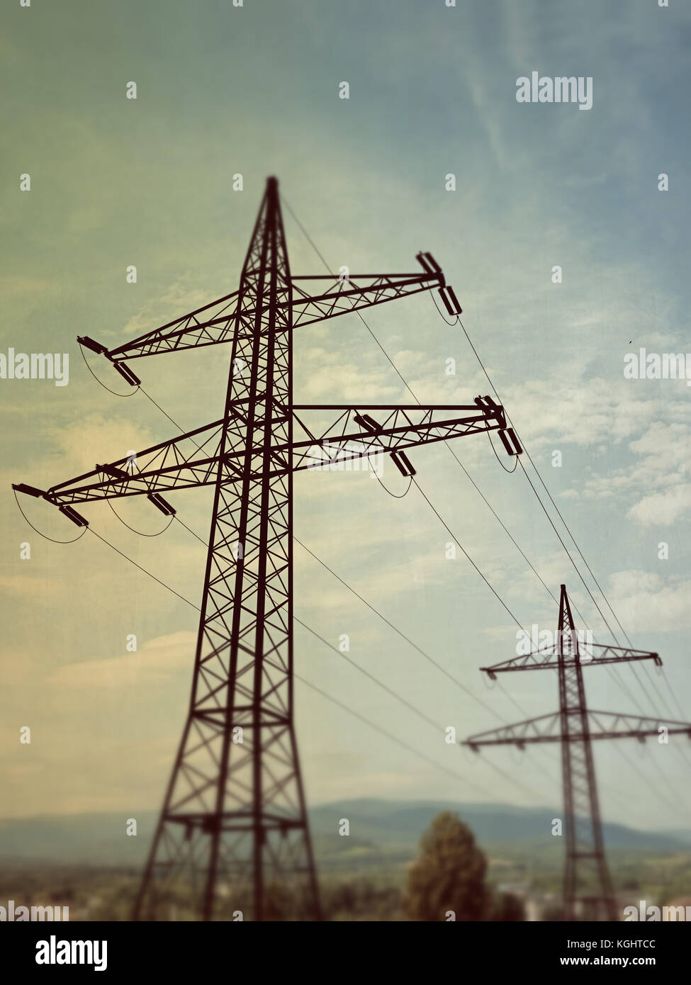 3d illustration of electric pylons in country background Stock Photo ...
