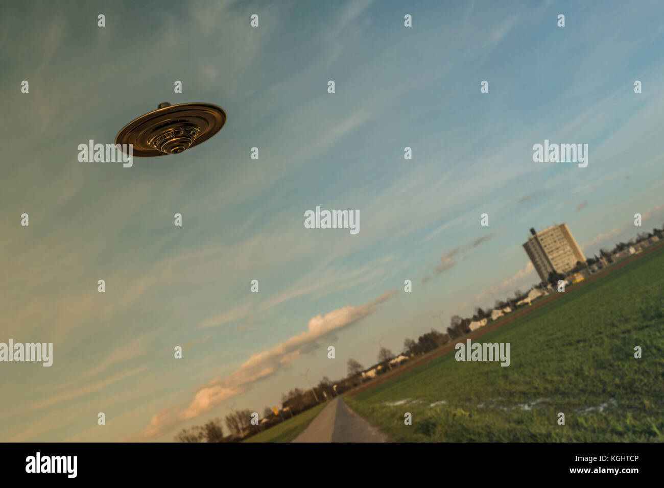 3d illustration of an unidentified flying object flying over a field ...