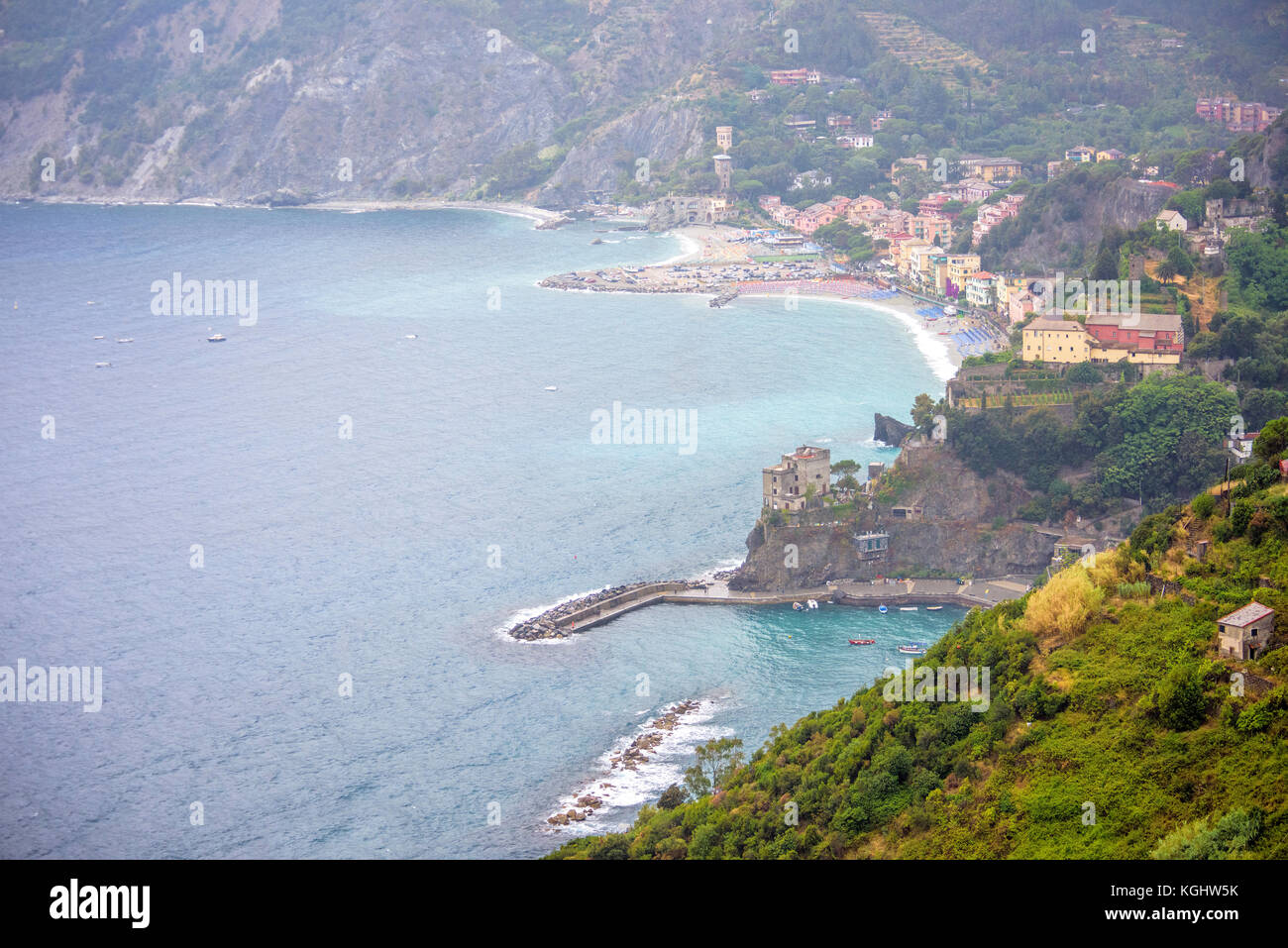 Aerial view to the beach and coastline of Monterosso al Mare, Cinque ...