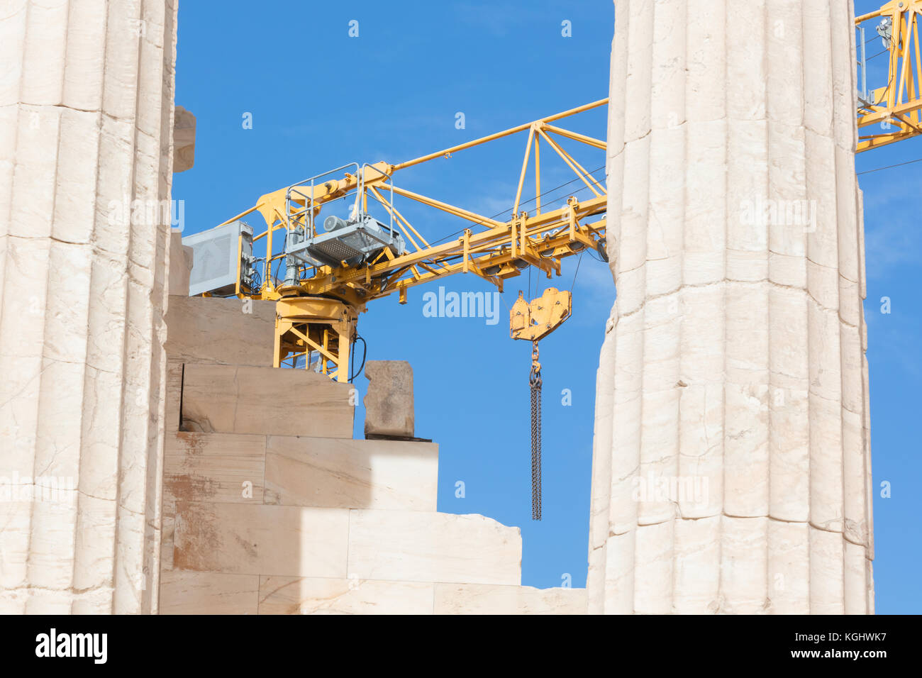 Ancient Parthenon surrounded by scaffolding on the Athenian Acropolis ...