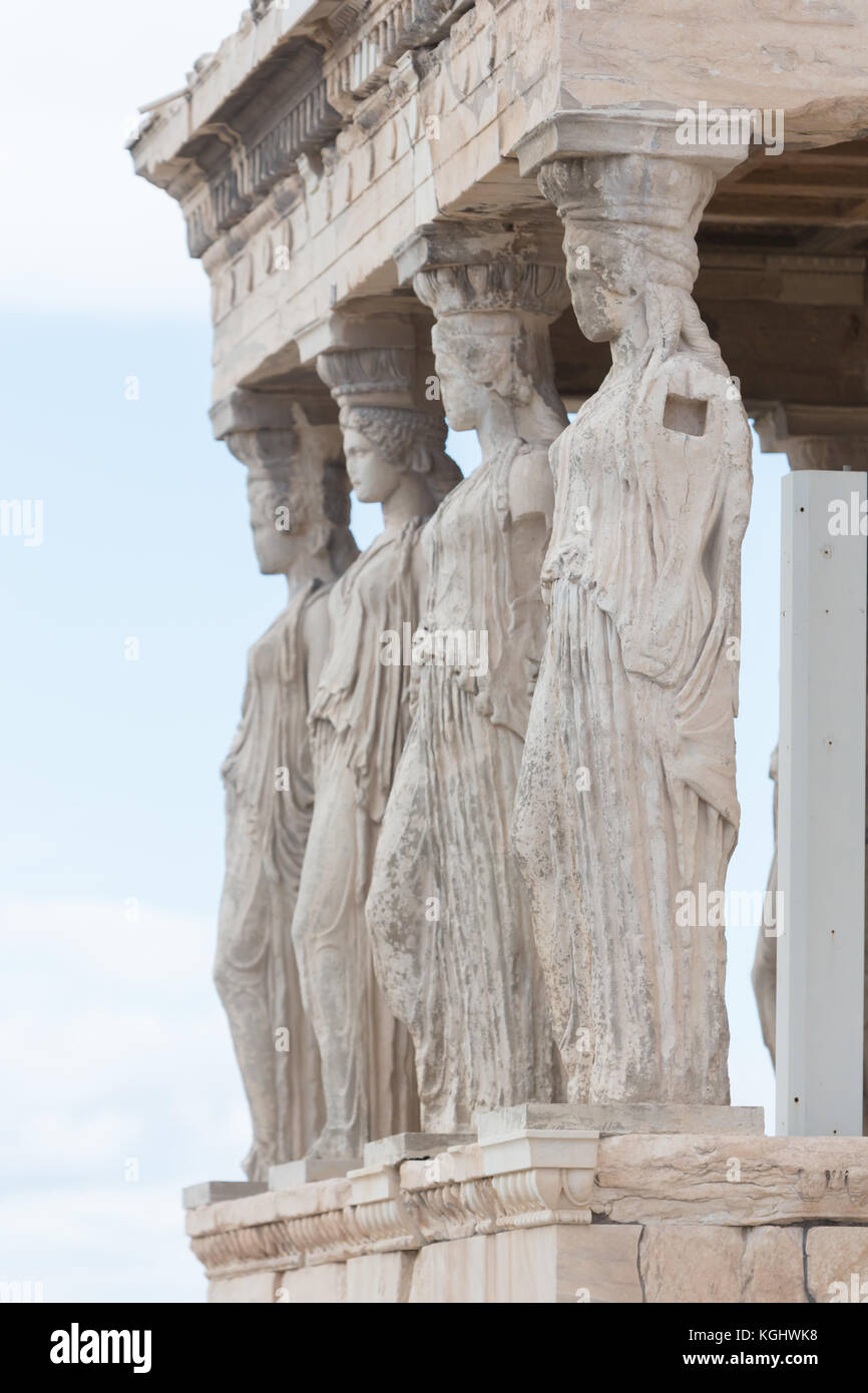 The caryatid statues on the porch of the Erechtheion at the Acropolis ...