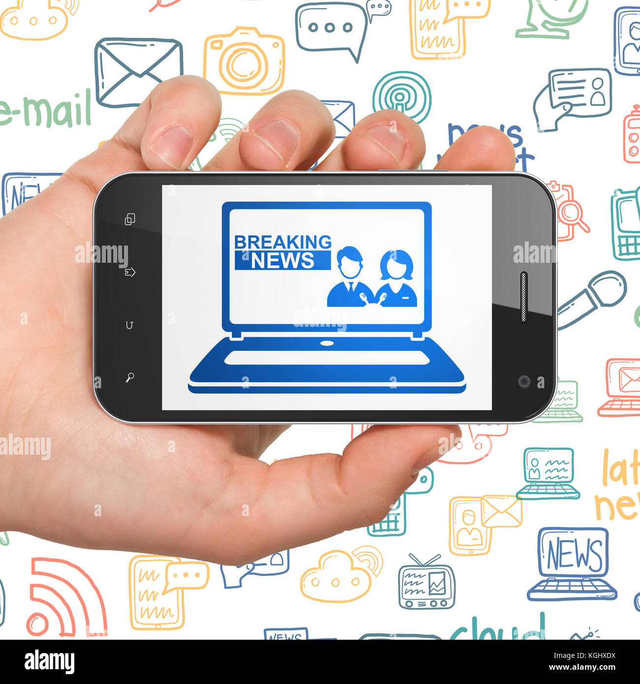 News concept: Hand Holding Smartphone with Breaking News On Laptop on ...