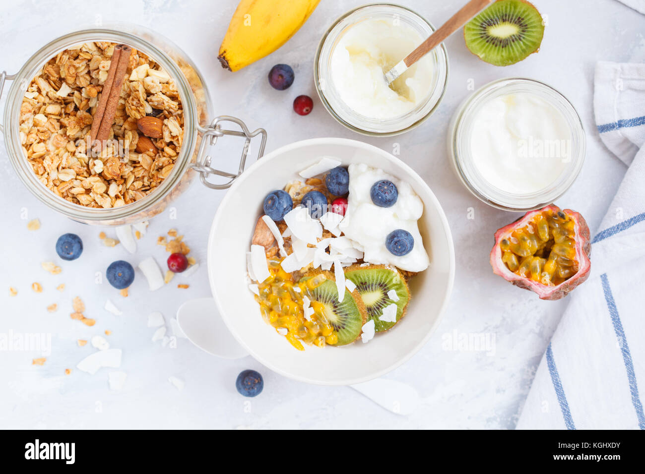 Healthy breakfast: muesli, yoghurt, fruit. Healthy diet food for ...