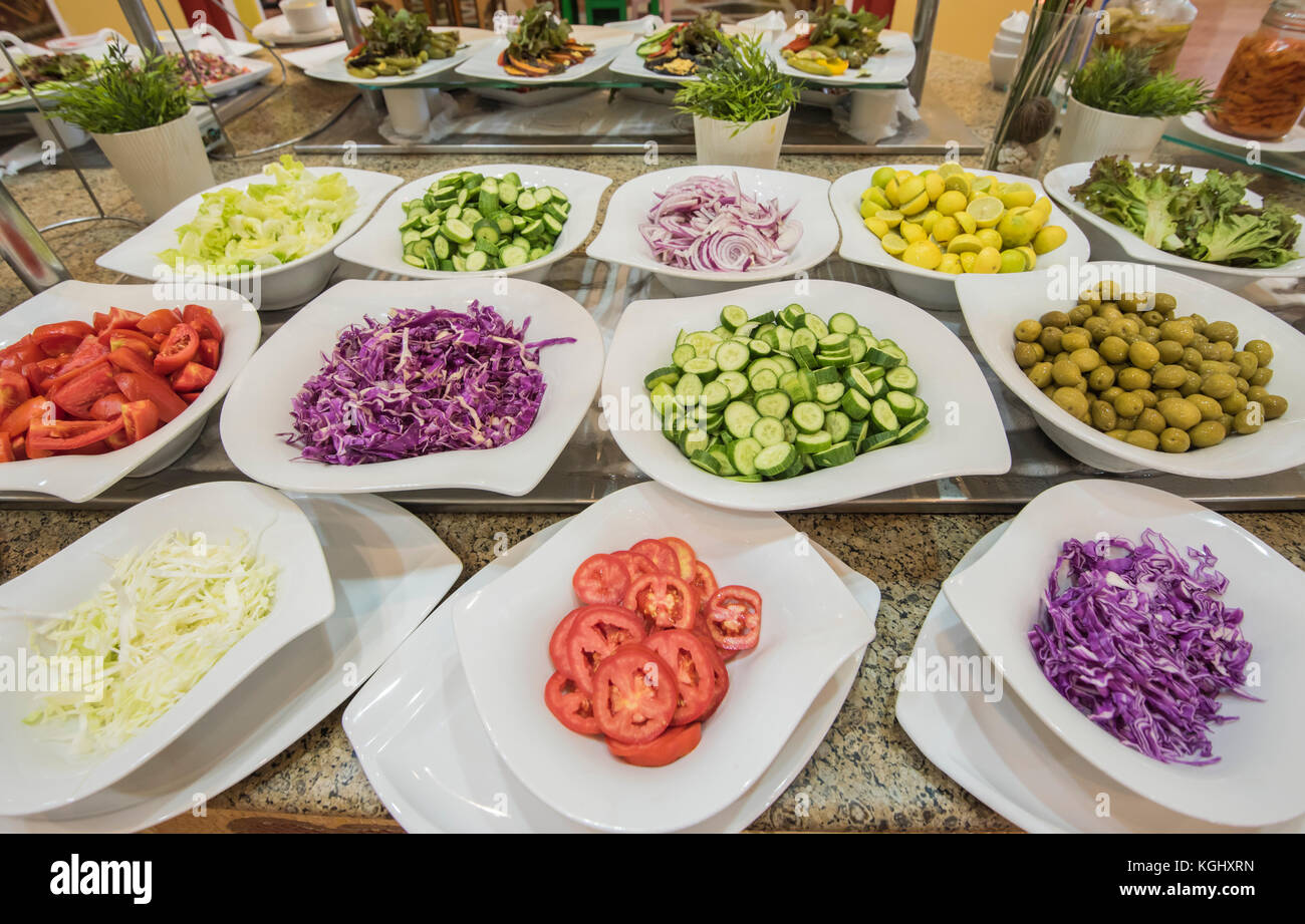 Selection display of salad food at a luxury restaurant buffet bar area ...