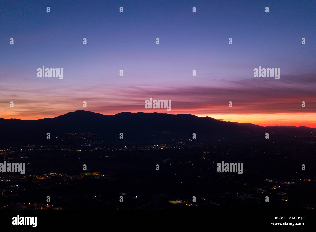 Aerial view of an incredible sunset behind the Italian mountains Stock ...