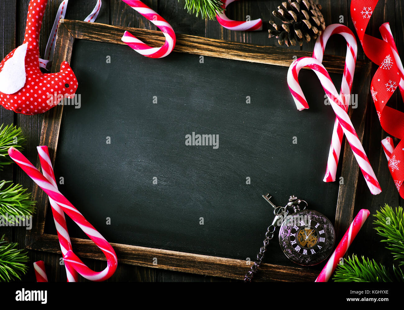 Christmas background, Christmas decoration and black board for note ...