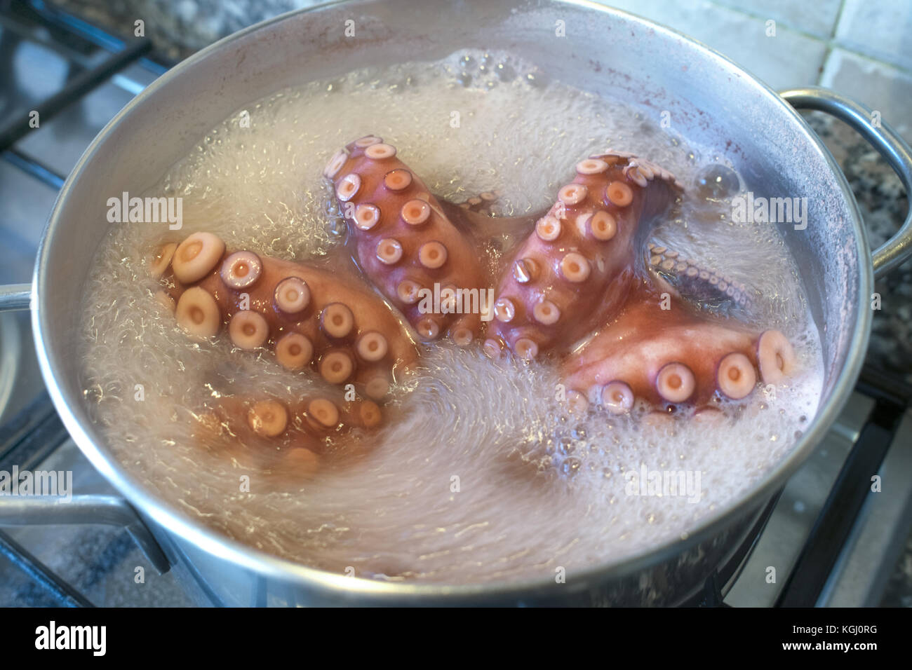 cooking fresh and genuine octopus in casserole with boiling water Stock ...