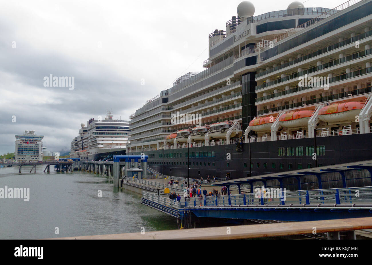 People disembarking from the cruise ship Eurodam in Juneau, Alaska with ...
