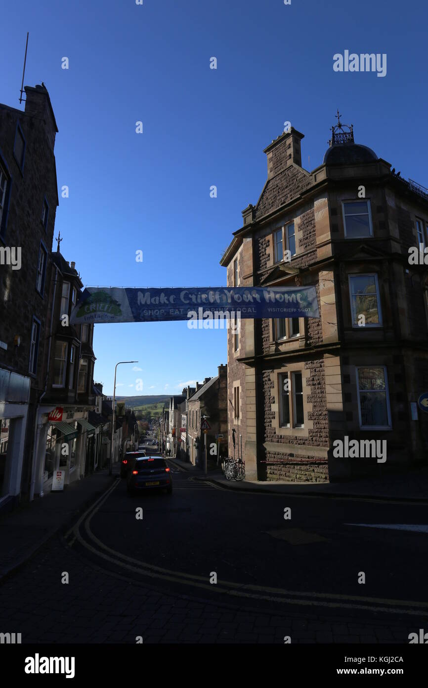 Crieff street scene with banner Scotland November 2017 Stock Photo - Alamy