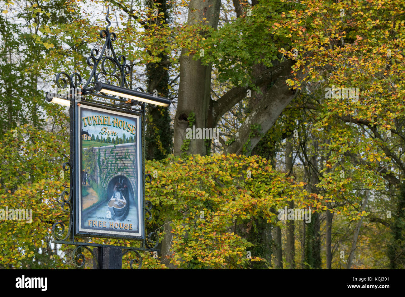 The Tunnel Inn pub sign next to Sapperton Canal Tunnel in autumn ...