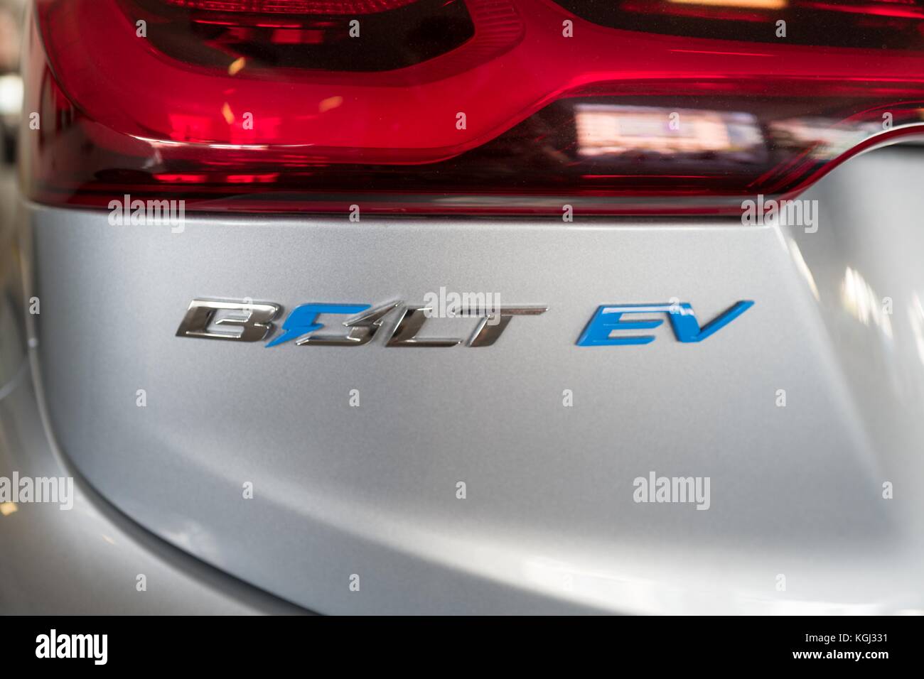 Close-up of logo for a Chevrolet Bolt plug-in electric vehicle in San ...