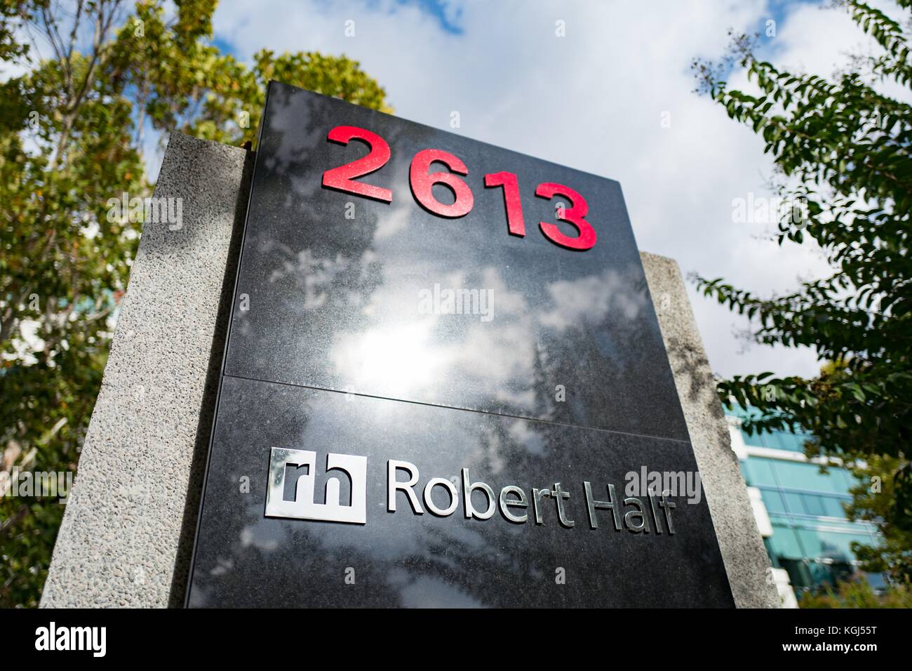 Sign at headquarters of staffing company Robert Half in the Bishop ...