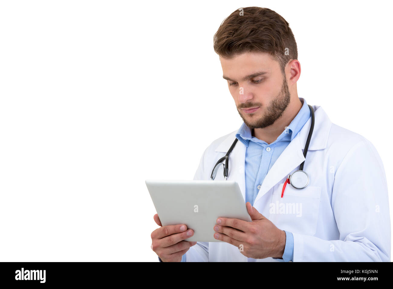 Young Doctor using tablet isolated on white Stock Photo - Alamy
