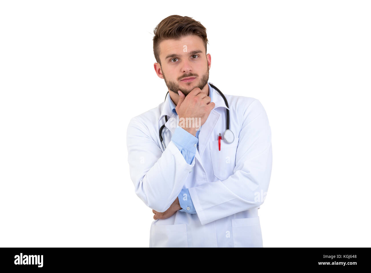 Young Worried doctor with pensive gesture isolated on white background ...