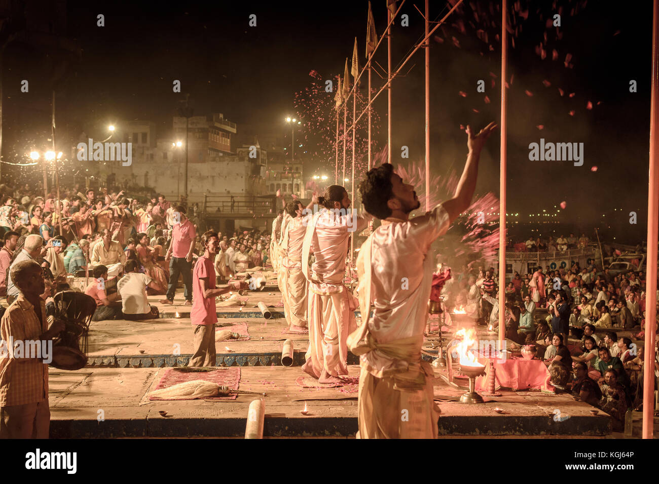 Evening Aarti puja celebration in Ganges river . Selective focus is ...