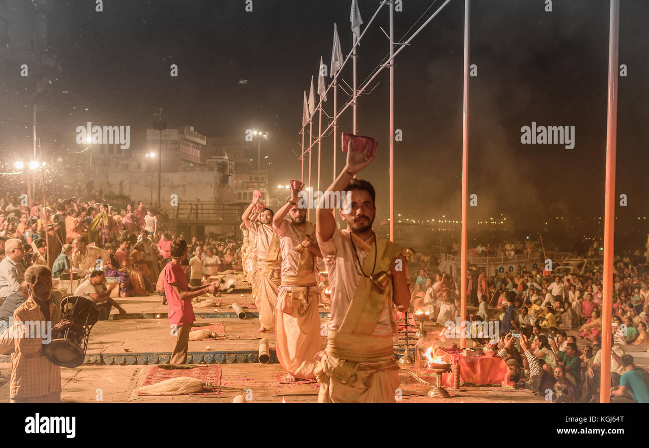 Evening Aarti puja celebration in Ganges river . Selective focus is ...