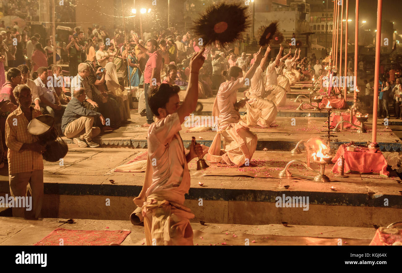 Evening Aarti puja celebration in Ganges river . Selective focus is ...